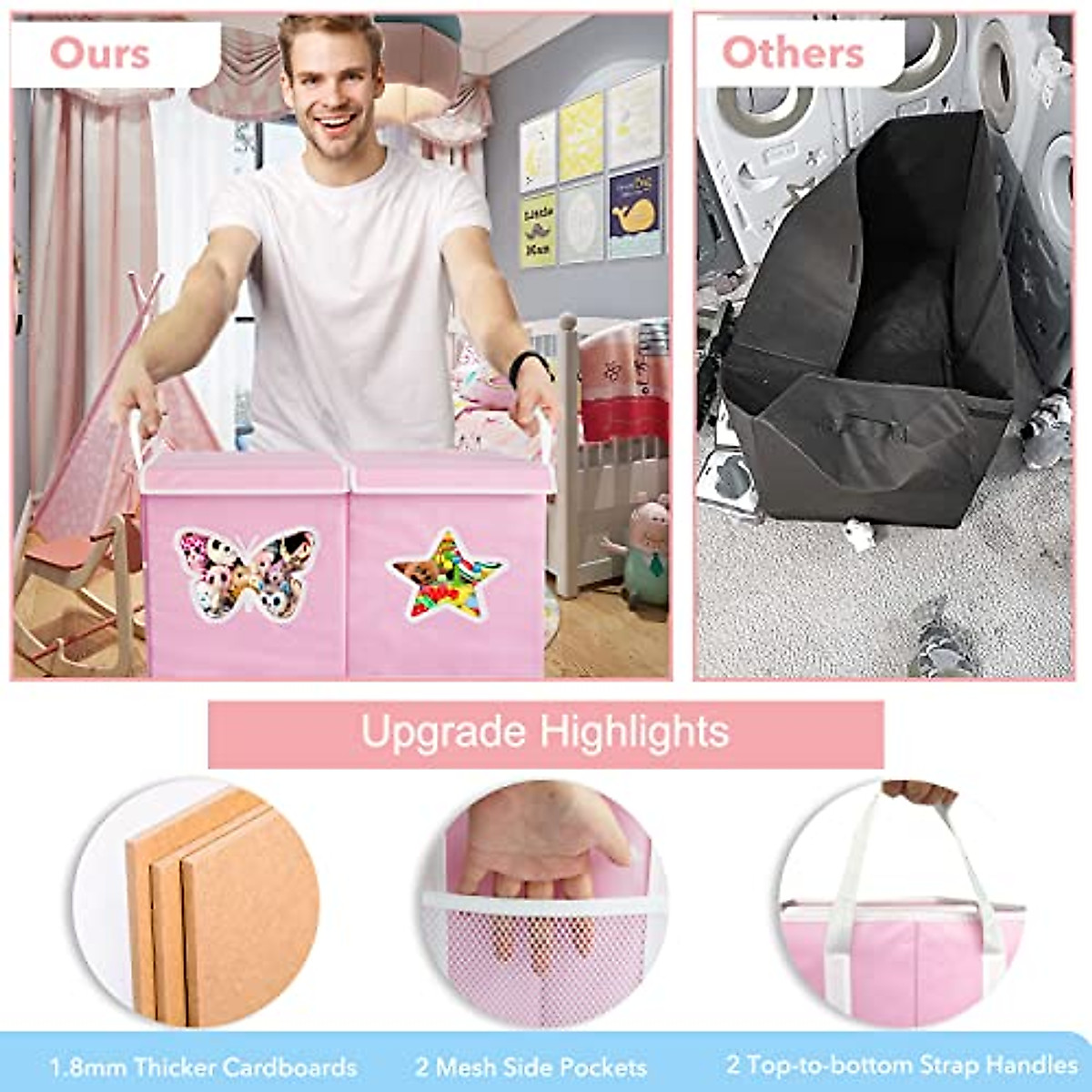 Toy Box for Girls-Large Toy Chest Organizers and Storage with Star Butterfly Transparent Windows,Double Flip-Top Lids,2 Sturdy lengthen Handles and 2 Mesh Bags for Kids,Boys,Nursery,Play Room(Pink)