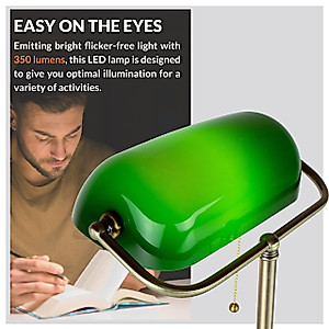 Newhouse Lighting Morgan Antique Green and Brass Glass and Metal Adjustable Energy-Efficient LED Classic Banker Lamp with 1 Free 3.5-Watt LED Bulb Included