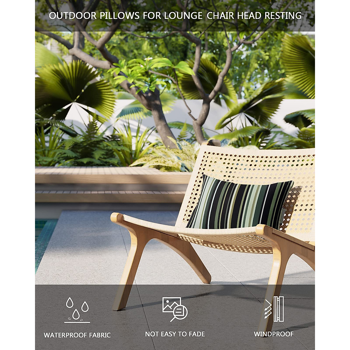 Chaise Lounge Head Resting Pillows, Black Green Stripe Outdoor Chaise Pillows, Waterproof Patio Furniture Pillows with Insert and Adjustable Elastic Stripe for Recliner Beach Chair