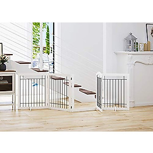 SPIRICH 96-inch Extra Wide 30-inches Tall Dog Gate with Door Walk Through, Freestanding Wire Pet Gate for The House, Doorway, Stairs, Pet Puppy Safety Fence, Support Feet Included (White)