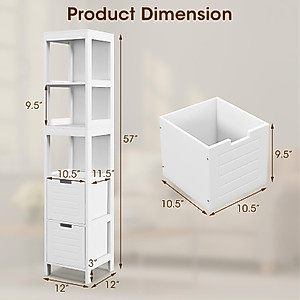 LOKO Tall Bathroom Storage Cabinet, Wooden Slim Bathroom Cabinet with Anti-toppling Device, Tall Narrow Storage Cabinet with 2 Removable Drawers, White