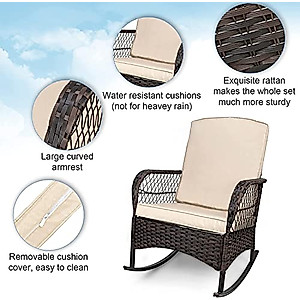 LEVELEVE 3 pcs Rocking Bistro Set Conversation Chairs PE Wicker Outdoor Rocking Chairs & Glass Table,for Porch Lawn Garden Backyard Deck