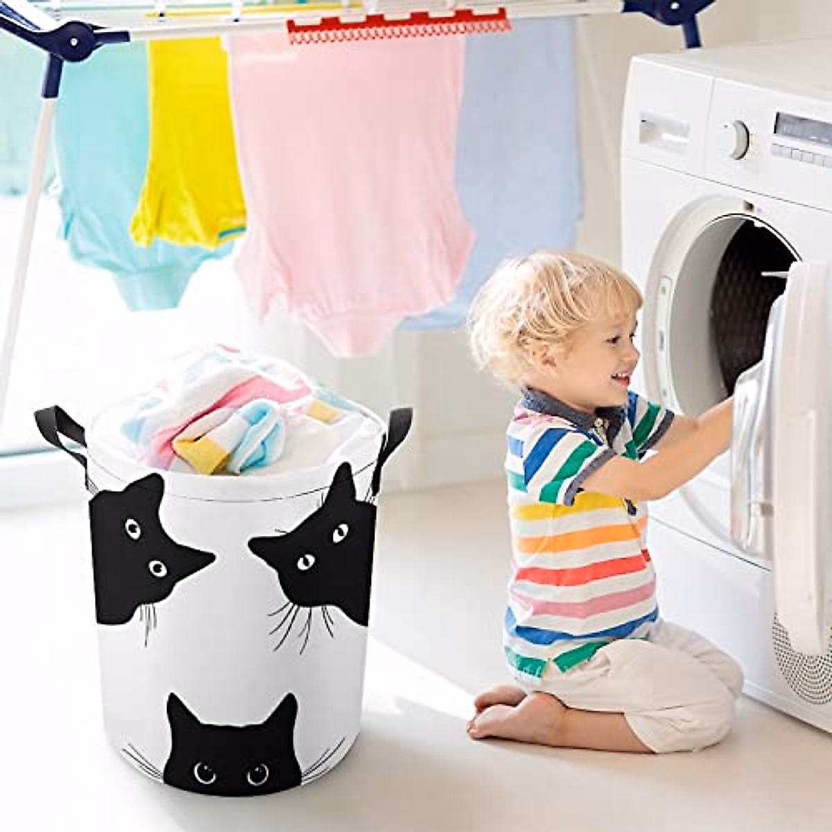 Laundry Hamper Curious Black Cat Fabric Storage Basket Round Collapsible Lovely Cats Laundry Baskets with Drawstring Closure for Bedroom Living Room Bathroom