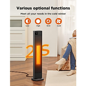 PELONIS 30” Ceramic Tower Space Heater with Adjustable Thermostat for Large Room, 75° Oscillation, Remote Control & 12H Timer, Tip-Over Switch & Overheating Protection, 1500W, PHF15RSAPH30, Black