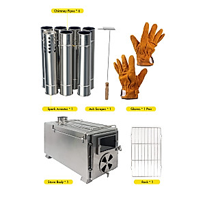 Camping Stove for Hot Tents, LAMA 304 Stainless Steel Wood Burning Stove with Stainless Wall Chimney Pipes for Tents, Shelter, Outdoor Portable Stove for Camping Heating and Cooking