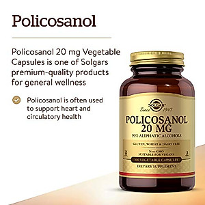 Solgar Policosanol 20 mg, 100 Vegetable Capsules - Supports Heart Health - General Wellness - Vegan, Gluten Free, Dairy Free, Kosher - 100 Servings