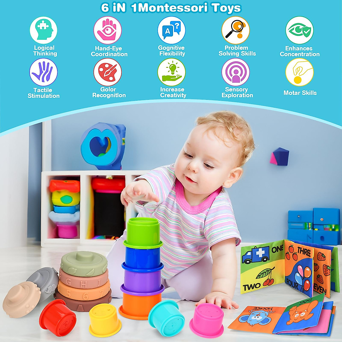 Balnore 6 in 1 Baby Toys 6 to 36 Months, 26pcs Montessori Toy, Identification Cloth Book, Infant Gifts Play Set Kids Sensory Learning Activity Infant Bath Time Fun for 1-4 Year Old Birthday Box