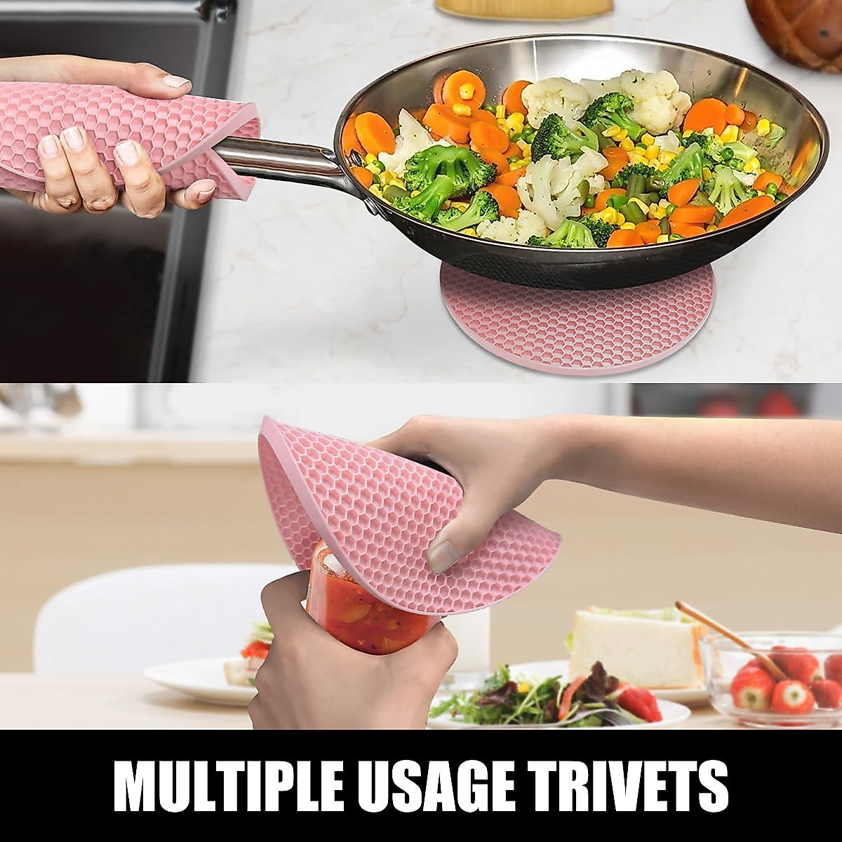 Rorecay Extra Long Oven Mitts and Pot Holders Sets: Heat Resistant Silicone Oven Mittens with Mini Oven Gloves and Hot Pads Potholders for Kitchen Baking Cooking, Quilted Liner, Pack of 6 (Pink)