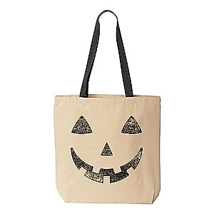 shop4ever Black Jack O' Lantern Pumpkin Face Halloween Trick or Treat Cotton Canvas Tote Reusable Shopping Bag Black HANDLE 1