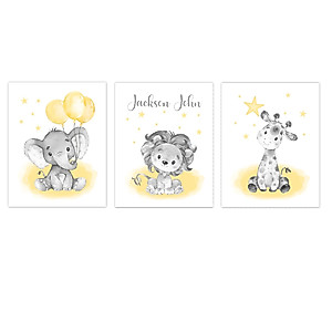 Personalized Baby Nursery Wall Art Gender Neutral Yellow Safari Animals Set of 3 Prints