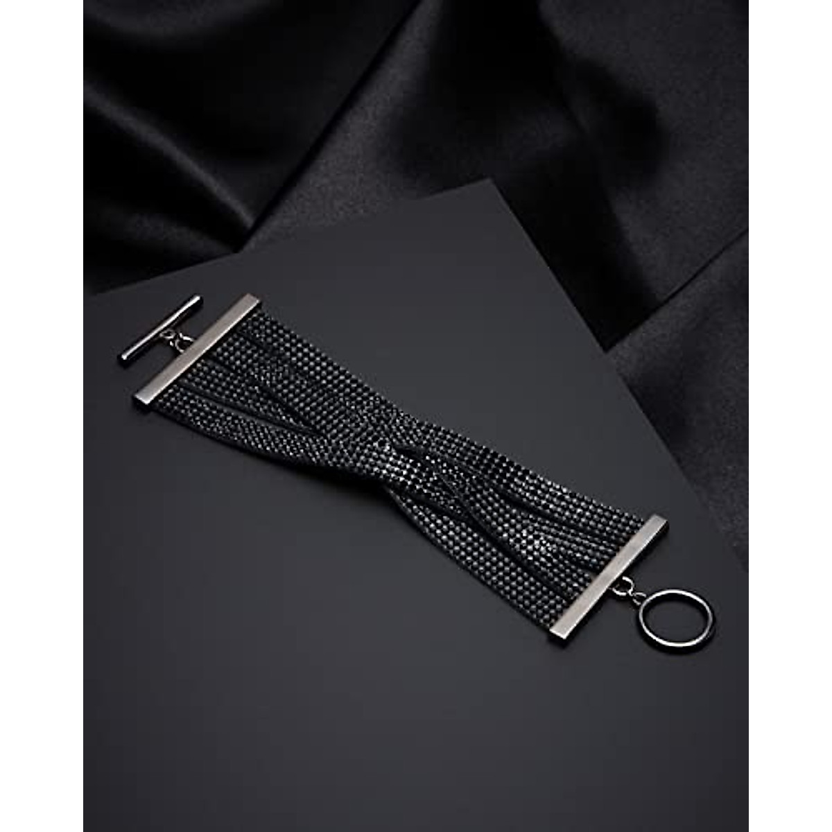 Badgley Mischka Women's Bracelet - Layered Multi Strand Crystal Crossover Toggle Open Cuff Bangle Bracelet, Hematite