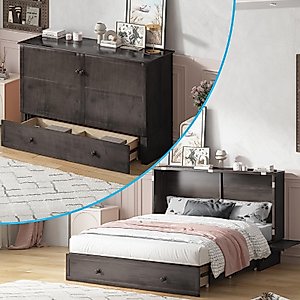 Mjkone Murphy Bed Chest, Cabinet Bed with Trifold Foam Mattress, Queen Murphy Cube Cabinet Bed with USB Charging Station and Large Storage Drawers for Living Room/Bedroom/Office (Grey)
