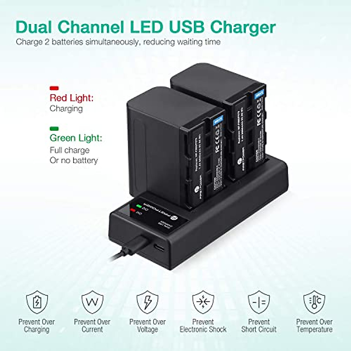 FirstPower 2 Pack NP-F970 Batteries and USB Dual Charger for Sony NP-F970 F960 F950 F930 F750 F570 F550 F530 F330 Battery and Sony Handycams, CCD-SC55 TR516 TR716 TR818 TR910 TR917