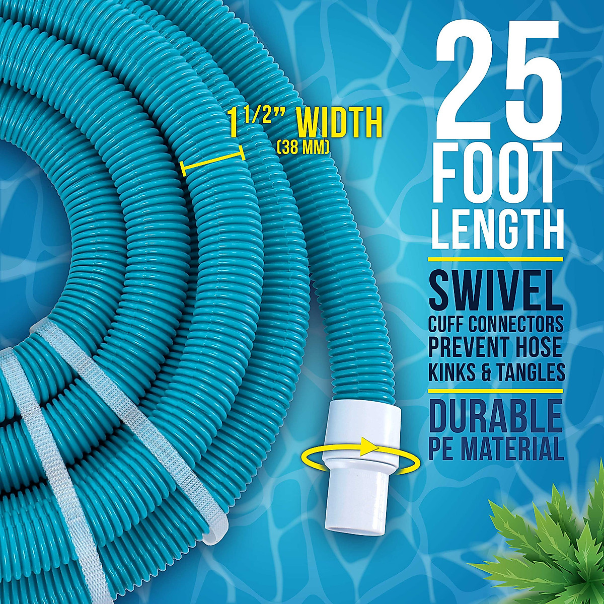 U.S. Pool Supply 1-1/2" x 25 Foot Professional Above Ground Swimming Pool Vacuum Hose with Swivel Cuff - Removable Cuff, Cut to Fit - Compatible with Filter Pumps, Filtration Systems, Chlorinators