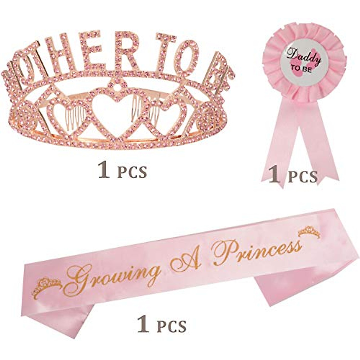 MEANT2TOBE Baby Shower Decoration for Mom to Be and Dad to Be, Premium Metal Pink Tiara + Pink & Gold Sash + Premium Metal Daddy to be Pink & White pin, Maternity for Her and Him