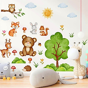 Watercolor Tree Animals Wall Decals,Cartoon Animal Wall Stickers,Nursery Wall Decor Woodland Animal Wall Decals,Fox Giraffe Bear Forest Animal Wall Decal for Kids Room Bedroom Classroom Playroom Decor