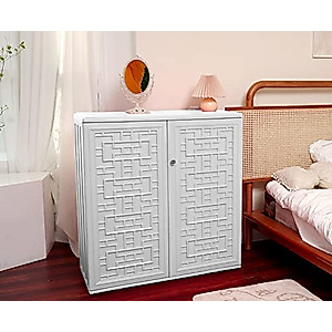 HOMSPARK Medium Resin Storage Cabinet Waterproof, 60-Gallon Indoor & Outdoor Deck Box for Garden Tools, kitchen Accessories, with 2 Laminate Shelves, (34 in. L x 15 in. W x 36 in. H, Light Beige)