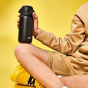 Ion8 Kids Water Bottle, Steel 400 ml/13 oz, Leak Proof, Easy to Open, Secure Lock, Dishwasher Safe, Hygienic Flip Cover, Carry Handle, Easy Clean, Durable, Scratch Resistant, Carbon Neutral, Black