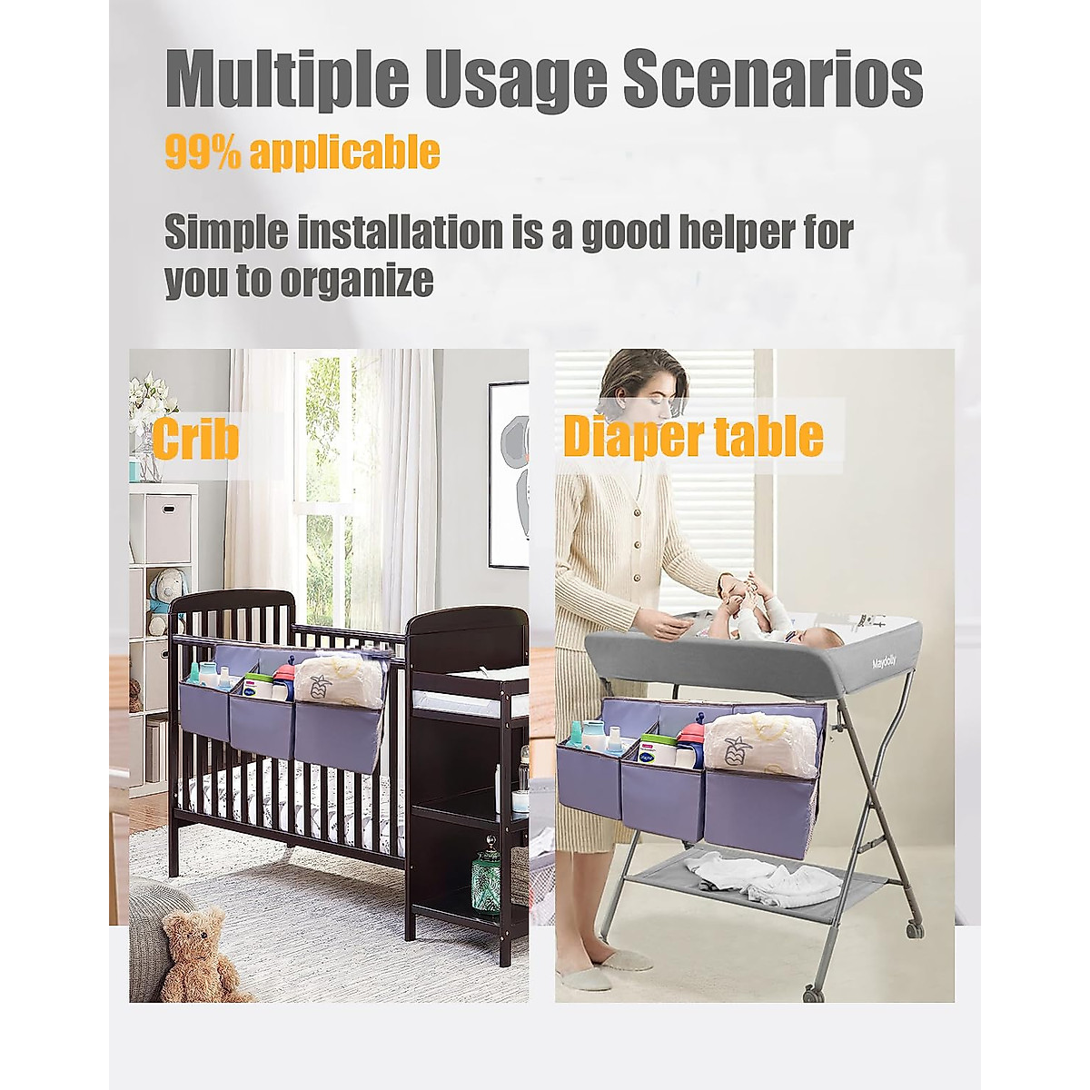 Ruyahort Hanging Diaper Caddy Organizer Sturdy and Durable Baby Organizer –Diaper Stacker for Changing Table, Crib, Playard or Wall-GREY