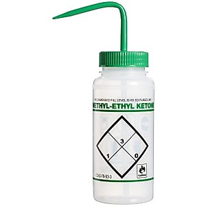SP Bel-Art Safety-Labeled 2-Color Methyl Ethyl Ketone Wide-Mouth Wash Bottles; 500ml (16oz), Polyethylene w/Green Polypropylene Cap (F11646-0611), Natural (Pack of 6)