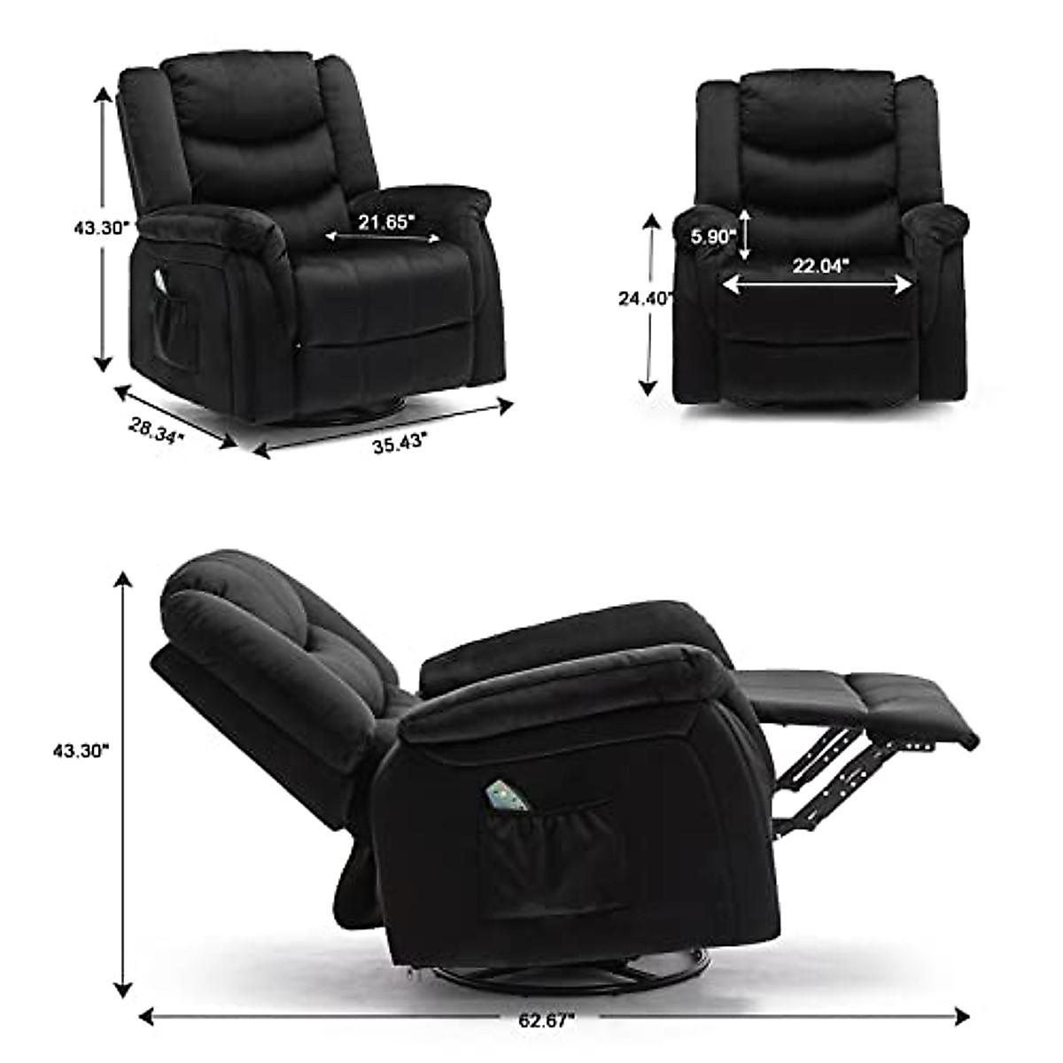 KALEVILL Recliner Chair with Heat and Massage, Recline Chair 360° Swivel Rocker Rocking Recliner, Overstuffed Home Theater Seating with 4 Side Pockets Black