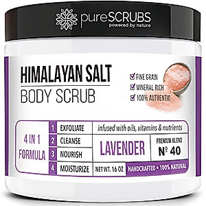pureSCRUBS Premium Pink Himalayan Salt Body Scrub Set - Large 16oz LAVENDER SCRUB, Organic Essential Oils & Nutrients INCLUDES Wooden Stirring Spoon, Loofah & Mini Exfoliating Bar Soap