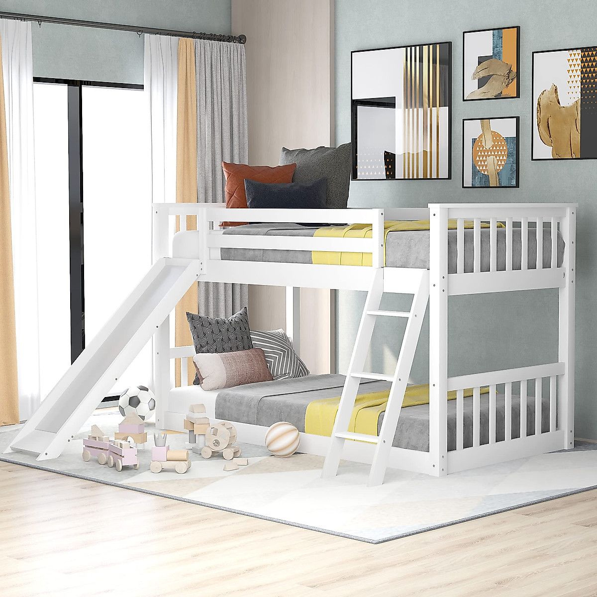 Oudiec Twin Over Twin Bunk Bed with Convertible Slide & Fence, Wood Bunk Bed Frame with Ladder&Safety Guardrail,No Box Spring Needed, White