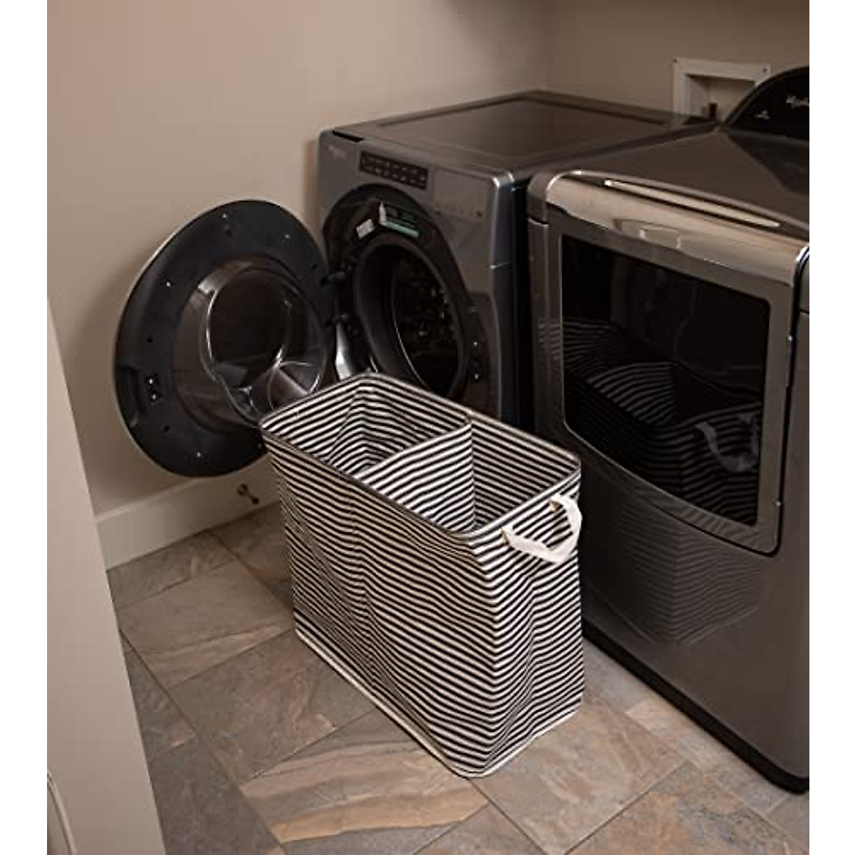 BIRDROCK HOME 112L Collapsible Double Laundry Hamper Basket - Grey & White Stripes Sorter Bin - Compact Dirty Clothes Organizer Bag - Divided Section