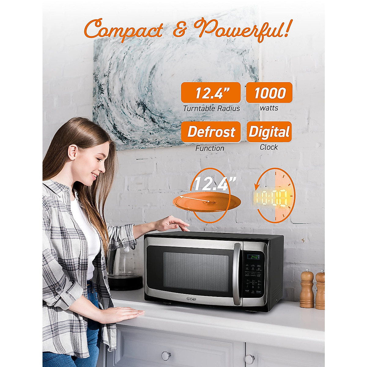 COMMERCIAL CHEF 1.1 Cu Ft Microwave with 10 Power Levels, Microwave 1000W with Push Button Door Lock, Countertop Microwave with Microwave Turntable and Digital Controls, Stainless Steel