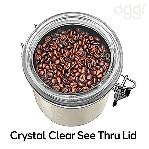 Oggi Stainless Steel Kitchen Canister 47 fl oz, Gray - Airtight Clamp Lid, Clear See-Thru Top - Ideal for Kitchen Storage, Food Storage, Pantry Storage. Large Size 5" x 6".