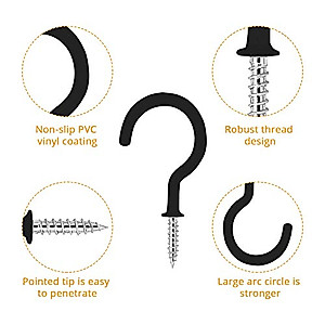 MJIYA 24 PCS Vinyl Coated Ceiling Hooks Question Mark Shape Hook Heavy Duty Screw Cup Hook for Bathroom Kitchen Wall Ceiling Hanging (Black, 1 Inch)
