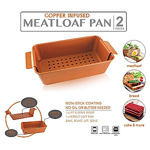 Volar Non-Stick Meatloaf Pan 2-Piece Healthy Meatloaf Pan Set Copper Coating With Removable Tray Drains Grease