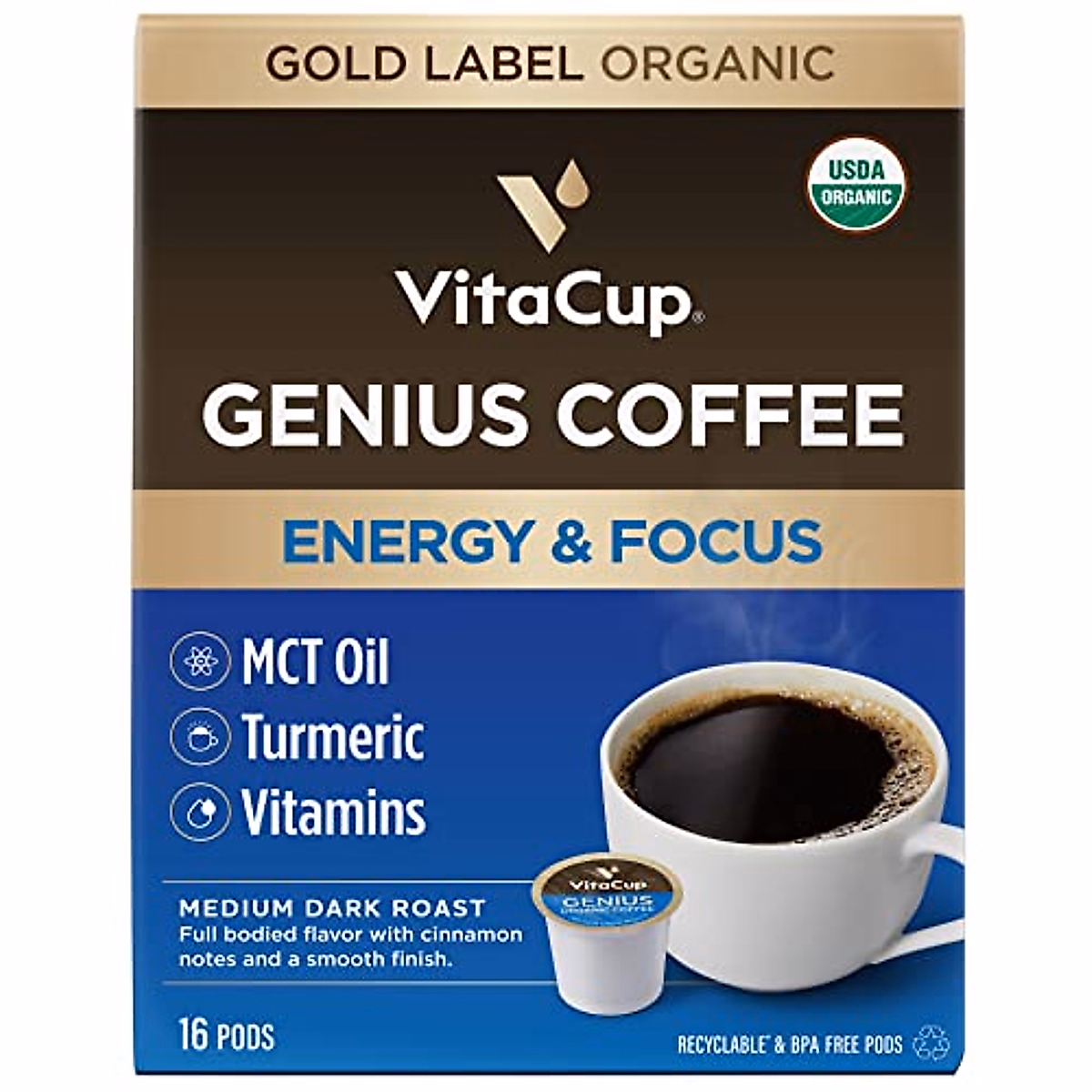 VitaCup USDA Organic Genius Keto Coffee Pods, Gold Label, Increase Energy & Focus with MCT Oil, Turmeric, B Vitamins, D3, Recyclable Single Serve Pod Compatible with Keurig K-Cup Brewers,16 Ct