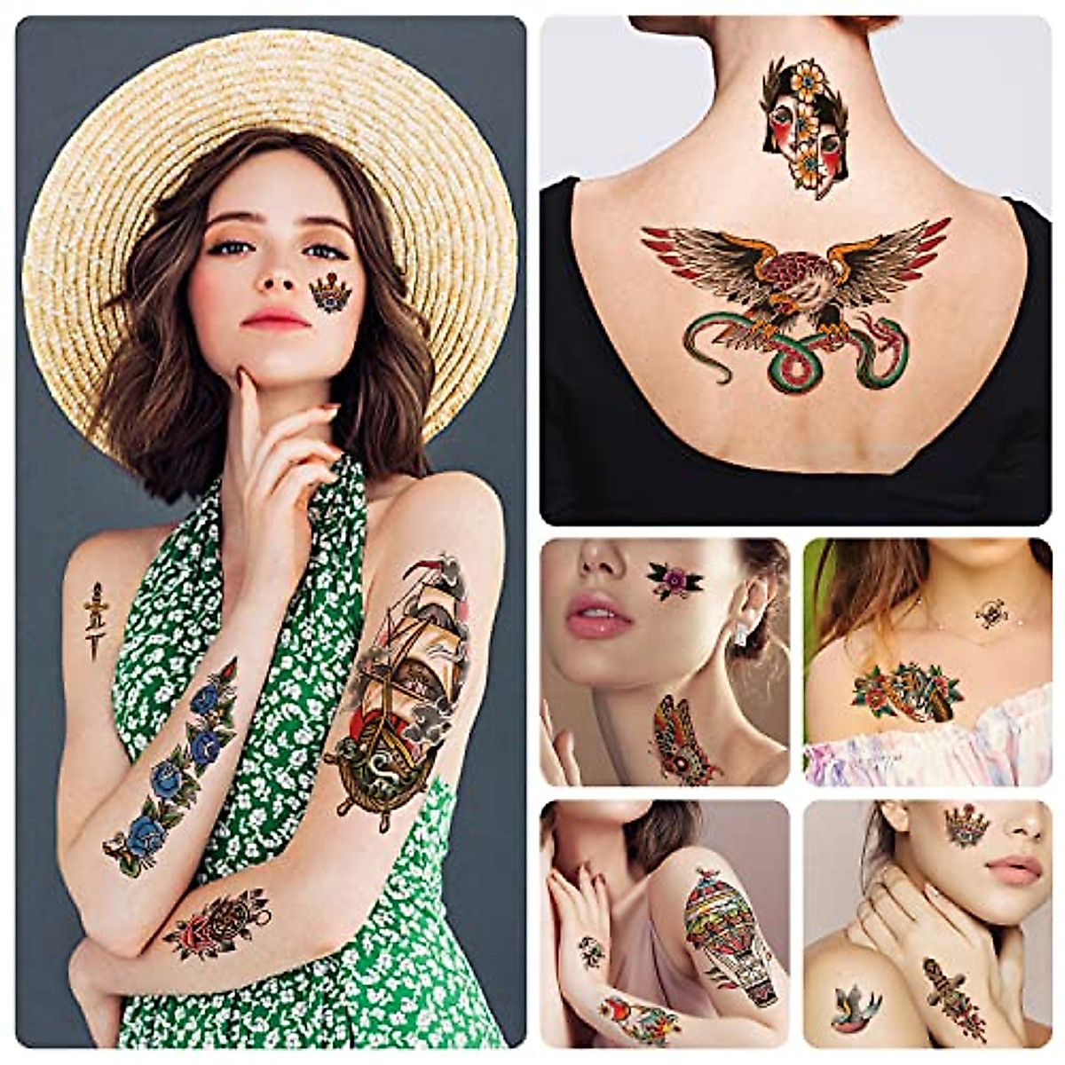 77 sheets Classic Temporary Tattoos Old School Tattoos Stickers, Sailor Jerry Style Vintage Design Fake Tattoo, American Traditional Flower Rose Arm Temporary Tattoos for Women Men Adults Kids