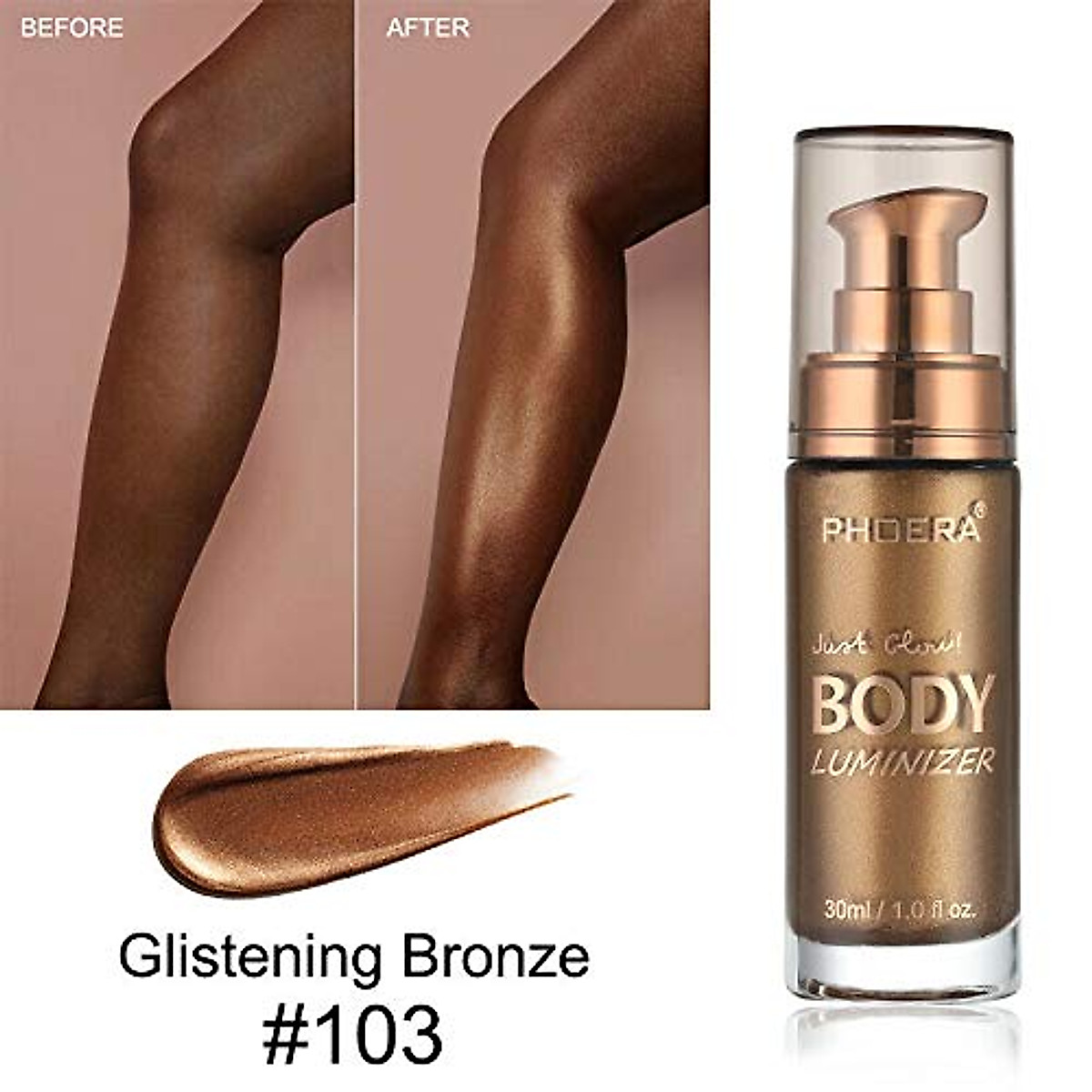 PHOERA Liquid Illuminator,Shimmer Body Oil,Body Highlighter Makeup Smooth Shimmer Glow Liquid Foundation for Face and Body 30ml(103 Glistening Bronze)