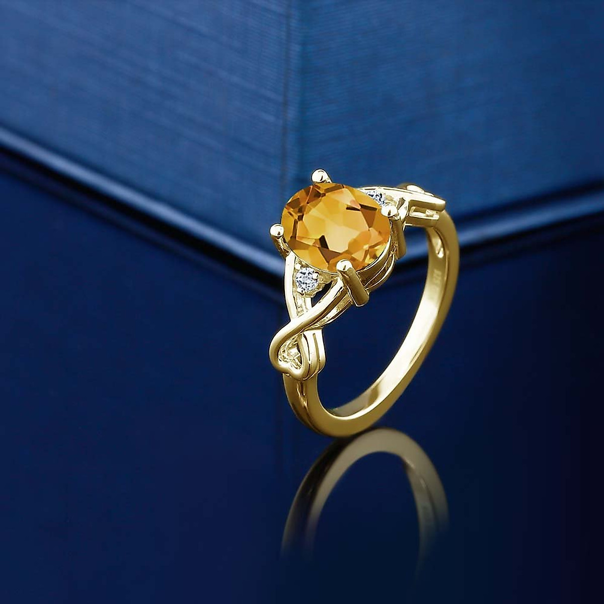 Gem Stone King 18K Yellow Gold Plated Silver Yellow Citrine and White Topaz Engagement Ring For Women | 1.55 Cttw | Oval 9X7MM | Gemstone Birthstone | Ring Size 5-9