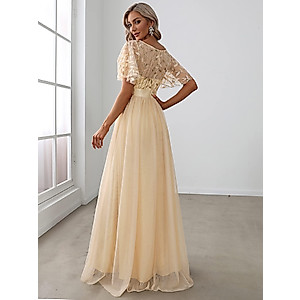 Ever-Pretty Women's Custom Sequin Embroidery Curvy Round Neck High Waist Ruffles Sleeves Long Formal Dresses Gold 9XL