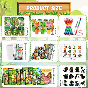 BenLouis 96Pcs Jungle Safari Party Favors Zoo Animals Coloring Books Crayons Sticker Stampers Slap Bracelets Set Bulk Classroom Prizes for Kids Wild One Party Baby Shower Goodie Bags Fillers