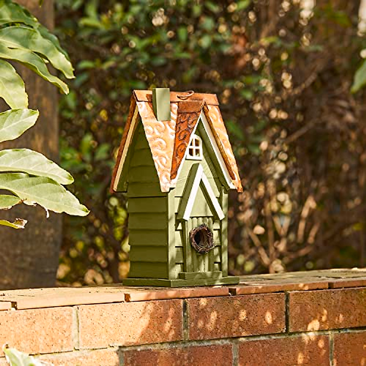 Glitzhome 12" H Green Hanging Distressed Solid Wood Garden Bird House Decoratvie Birdhouse