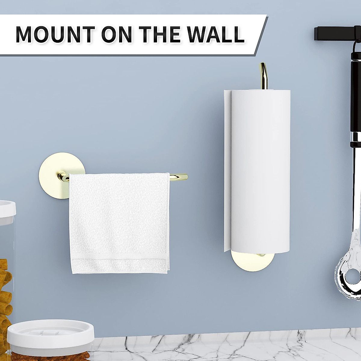 TONLEA Paper Towel Rack, Under Cabinet Paper Towel Holder, 3M Self-Adhesive or Drilling Kitchen Paper Towels Holder, Wall Mount Paper Towel Holders for Kitchen, Pantry, Sink, Bathroom Gold