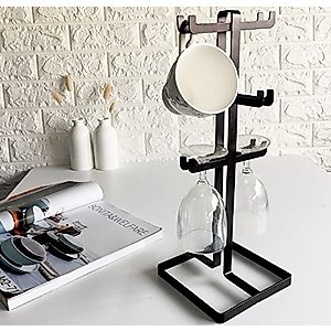 Hanrace Coffee Mug Holder, Countertop Coffee Cup Tree, Coffee Cup Holder, Tea Cup Storage Rack and Wine Glass Holder, Coffee Table Bar Accessories and Kitchen Organizer, with 6 Hooks（Black ）