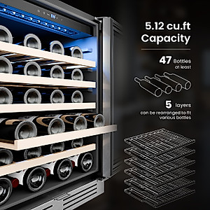 Yeego Wine Fridge Cooler - 24 Inch Wine Fridge Hold 47 Bottles, 40-65°F Wine Refrigerator Glass Door, Built in, Freestanding Under Counter Fridge Lockable for Beer Soda Drink Home Bar Office