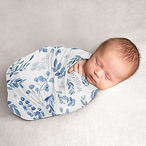 Sweet Jojo Designs Floral Leaf Baby Boy Girl Swaddle Blanket Jersey Stretch Knit for Newborn or Infant Receiving Security - Blue Grey White Boho Watercolor Botanical Flower Woodland Tropical Garden