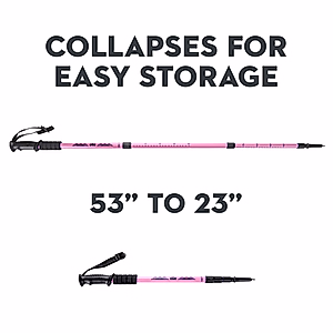 Trekking Pole & Walking Staff | Strong, Lightweight Aluminum | Extends up to 53" Collapses Down to 23" | All-Terrain: Interchangeable Carbonite Ice Pick Tip, Rubber Asphalt Tip, and Snow Cap (Pink)
