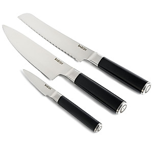Babish German Steel Cutlery Bundle with Knife Roll (Chef Knife, Bread Knife, Pairing Knife, Santoku Knife)