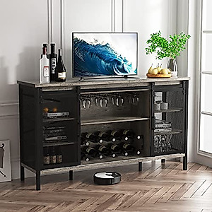 QNICE Industrial Wine Bar Cabinet / 55" Sliding Barn Door Coffee Bar Cabinet/Farmhouse Bar Cabinet with Wine Rack/Dark Rustic Oak/Easy Assembly