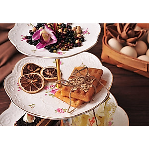 Jusalpha® Elegant Embossed 3-tier Ceramic Cake Stand- Cupcake Stand- Tea Party Pastry Serving Platter in Gift Box and a Free Sugar Tong (FL-Stand 03)