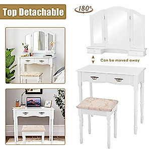 Giantex Vanity Set with Tri-Folding Mirror, Makeup Dressing Table with 4 Drawers and Storage Shelf, Modern Bedroom Bathroom Makeup Vanity Desk with Cushioned Stool for Girls Women (White)