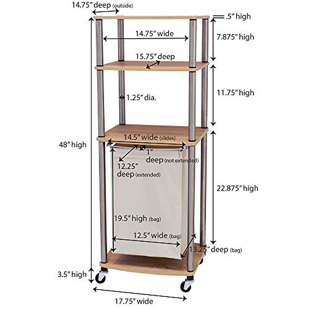 Household Essentials 7052-1 Organizer Cart with Single Canvas Hamper | Light Brown Triple Laundry Sorter with Folding Table, Walnut