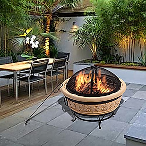 Teamson Home Wood Burning Fire Pit with Spark Screen, Fireplace Poker, Grilling Grate, and BBQ Grill for Outdoor Patio Garden Backyard Decking, 27 Inch Length, Light Brown